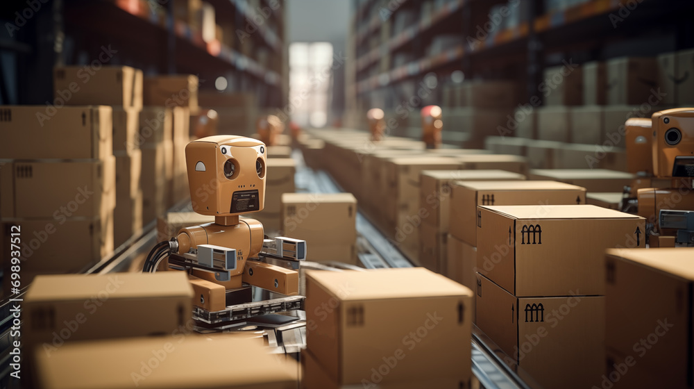 artificial intelligence robot Sorting several cardboard boxes moving ...