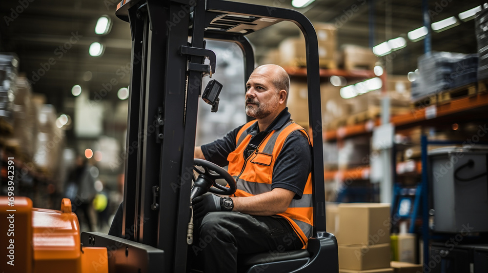 Man worker at forklift driver happy working in industry factory ...
