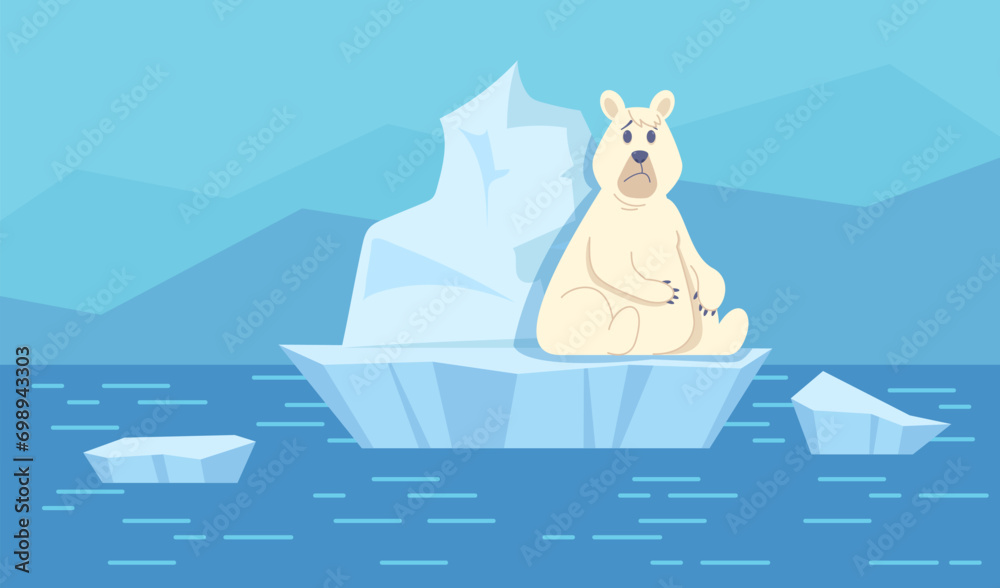 Sad Polar bear sitting on ice float vector illustration. Polar ice caps ...