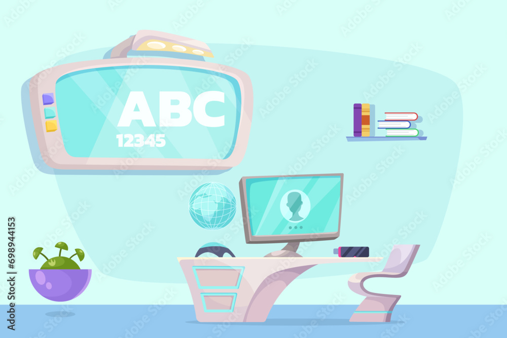 Virtual classroom with modern equipment vector illustration. Video ...