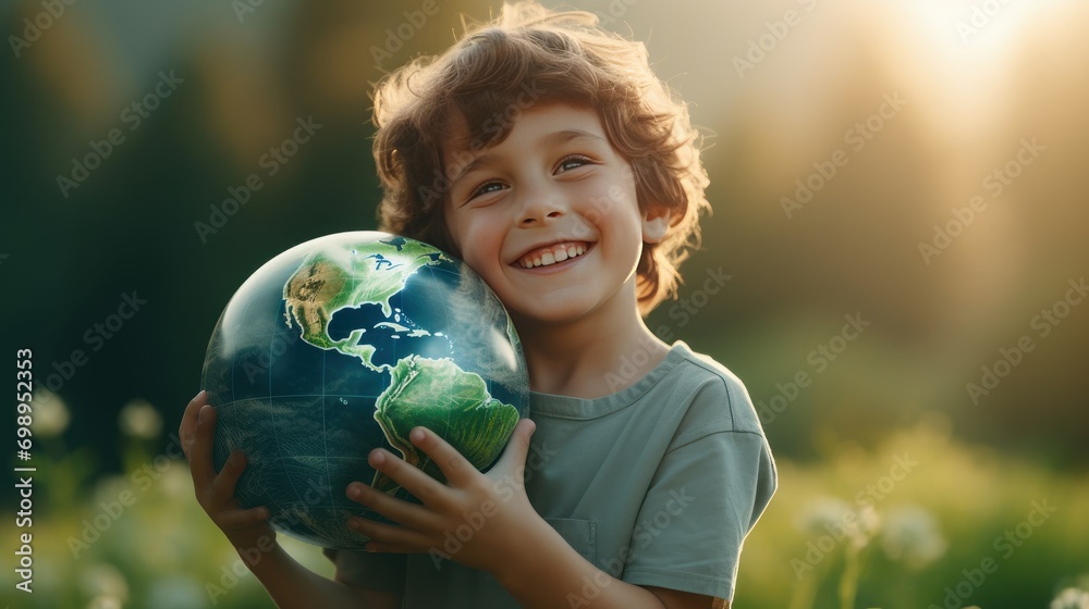 Happy Kid Hugging Planet Earth. Boy Embracing Globe Earth for World ...