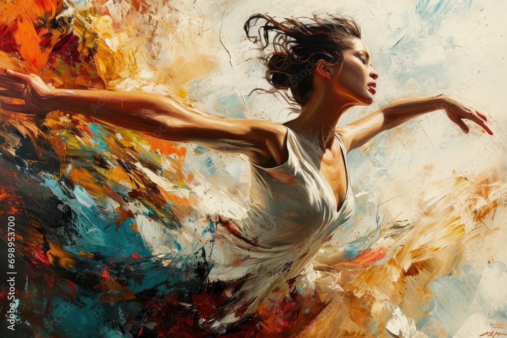 A modern dancer in motion, abstract expressionist style with fluid ...