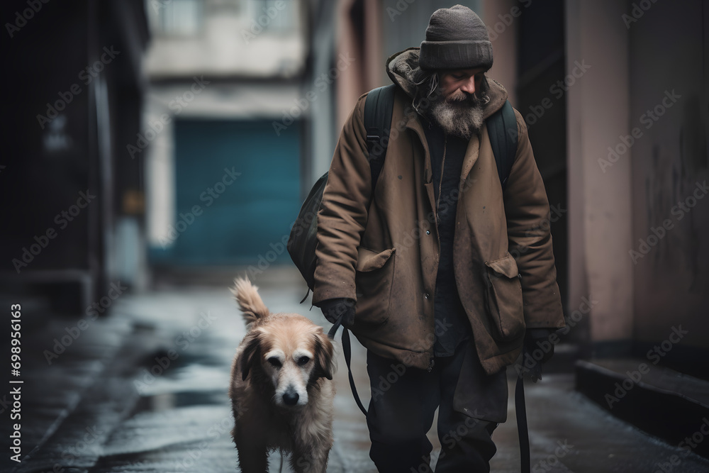 Homeless man walking down street with his friend dog. Concept ...