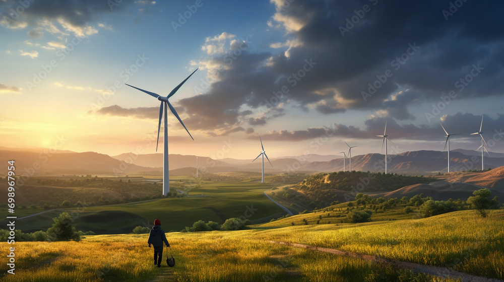 Two environmental workers in a wind power generation field ...