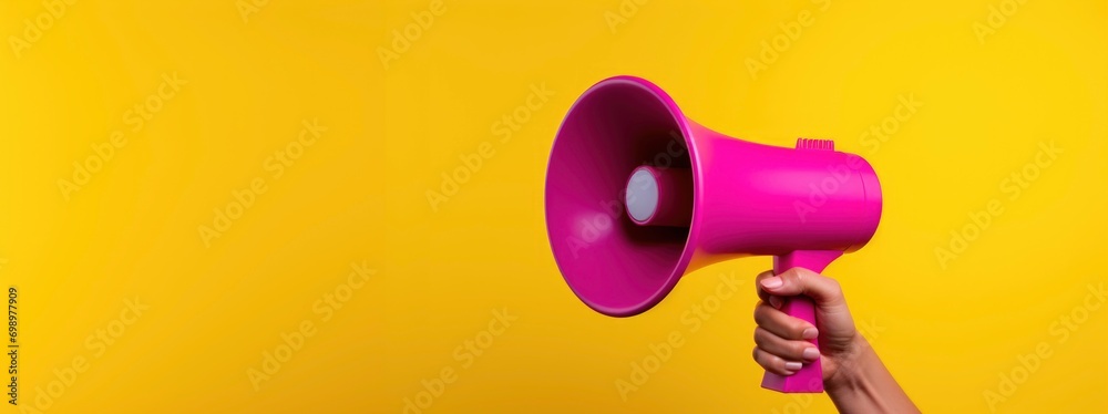 Hand holding bright pink megaphone on yellow background for advertising ...