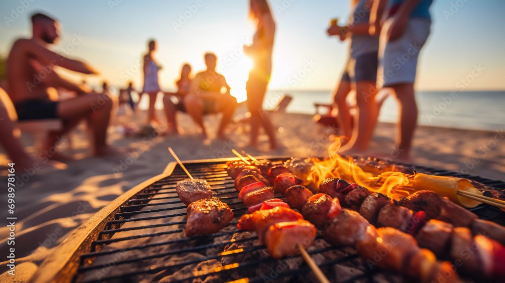 Barbecue party with people in the background, beach party, sea, grilled ...
