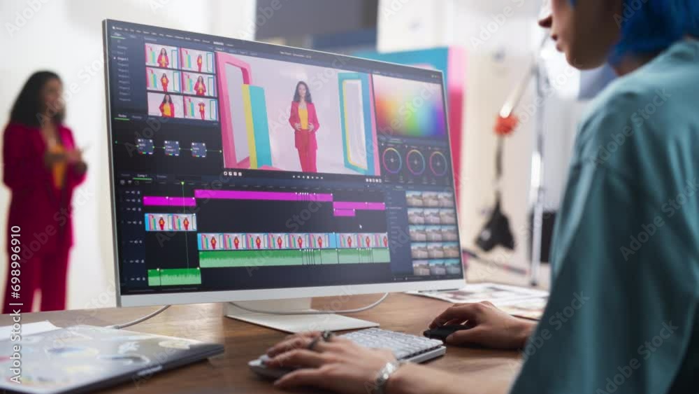 Hard Working Crew Filming Content: Focus on Female Editor Color Grading ...