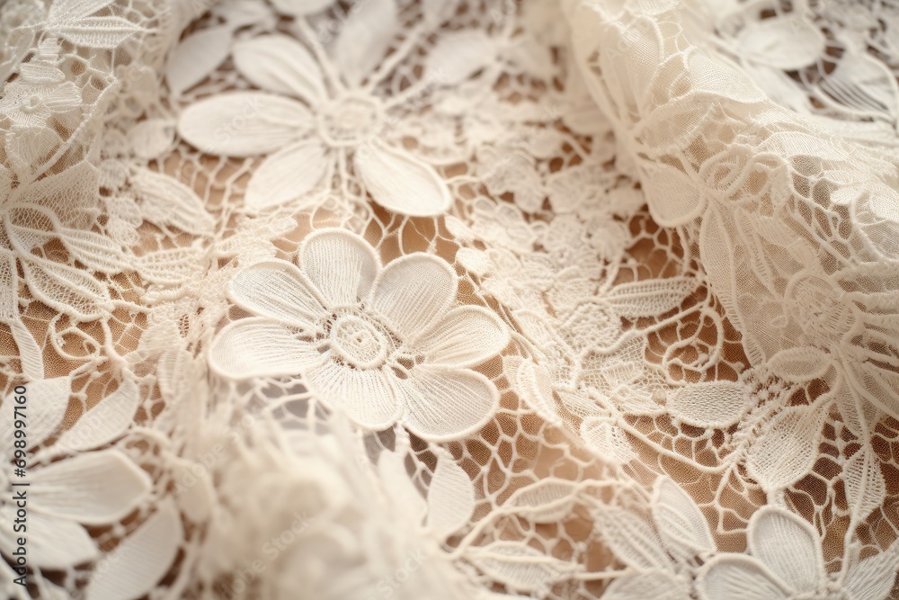 Closeup detail of white lace fabric texture background. Filtered image ...