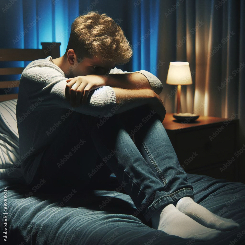 Schizophrenic man holding head in his hand, sad after receive bad news ...