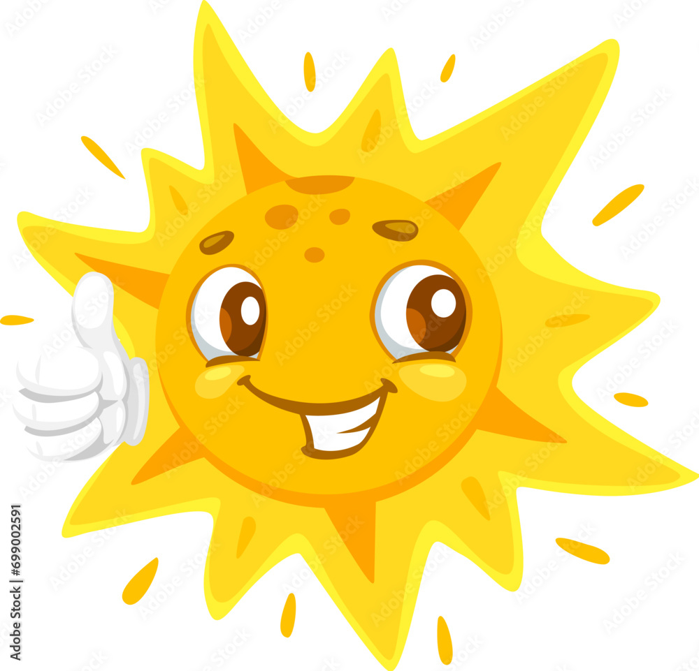 Cartoon funny kawaii sun character with thumb up. Happy summer sunshine ...