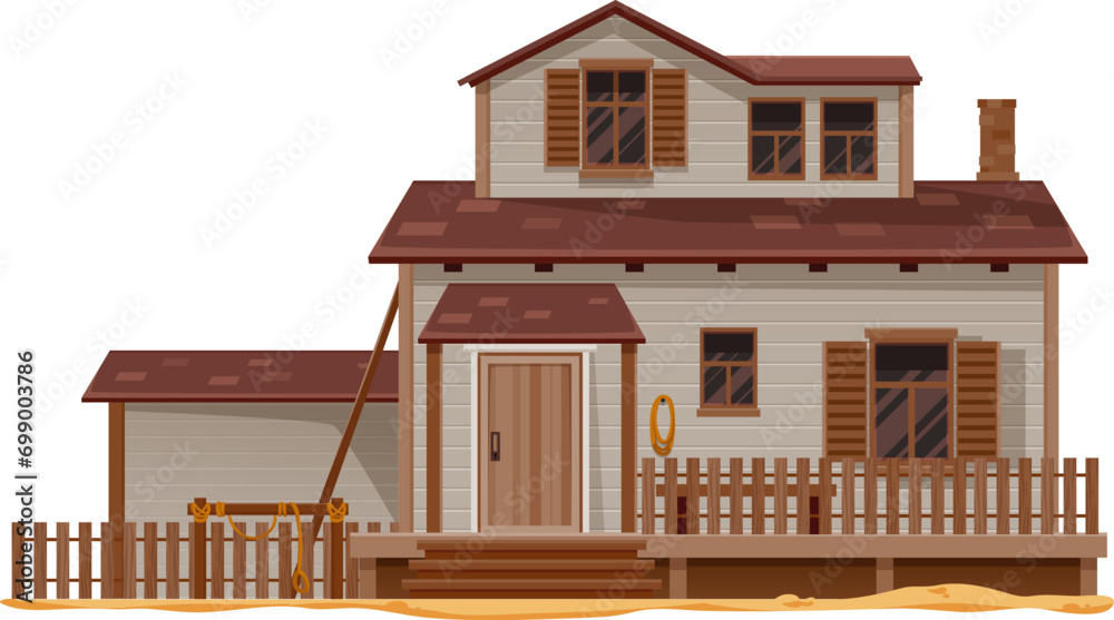 Western Wild West town cartoon cowboy or sheriff house. Vector building ...