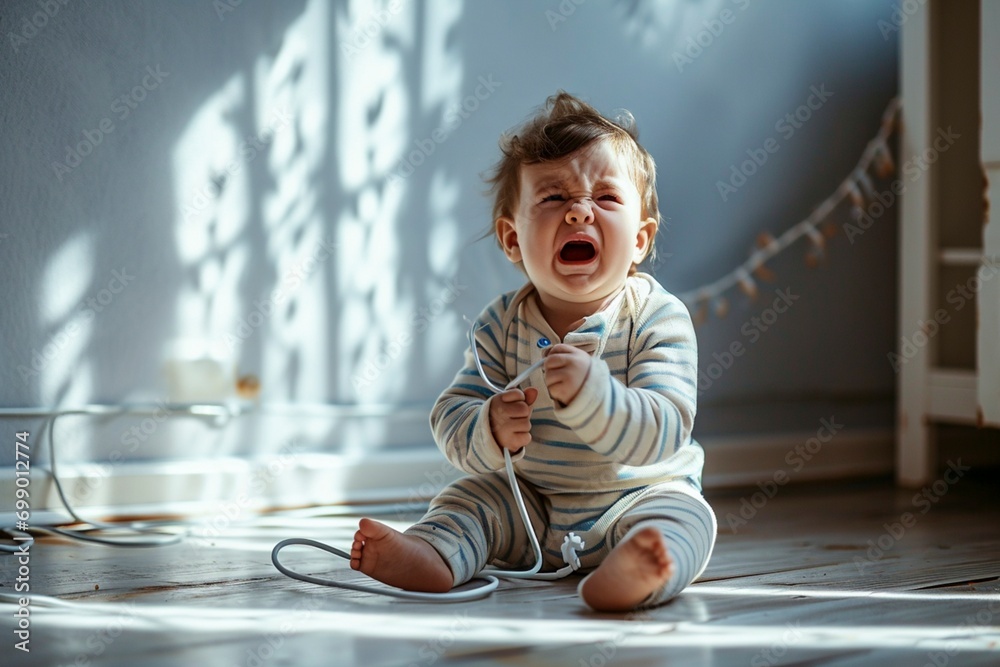 Bebé lloroso agarrando un cable, resaltando los riesgos domésticos para ...