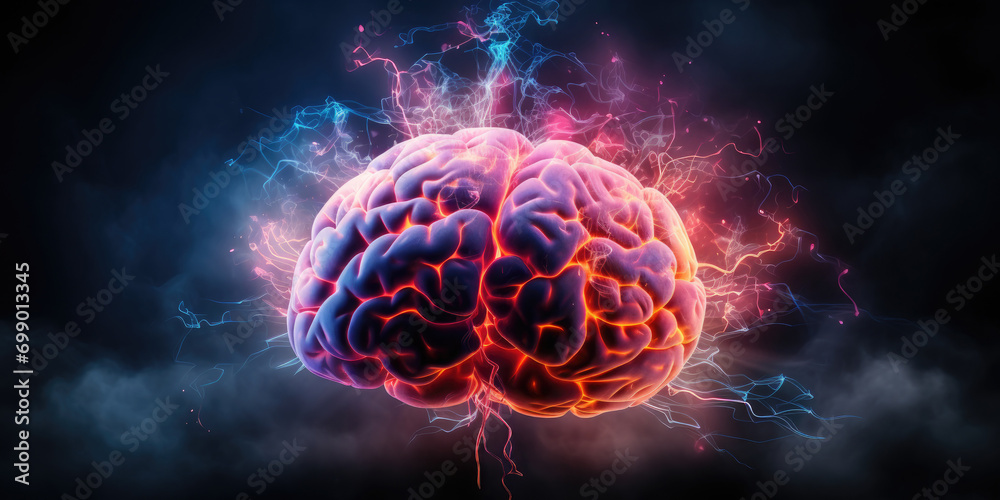 ,A detailed image of a brain with sparks emanating from it. Ideal for ...