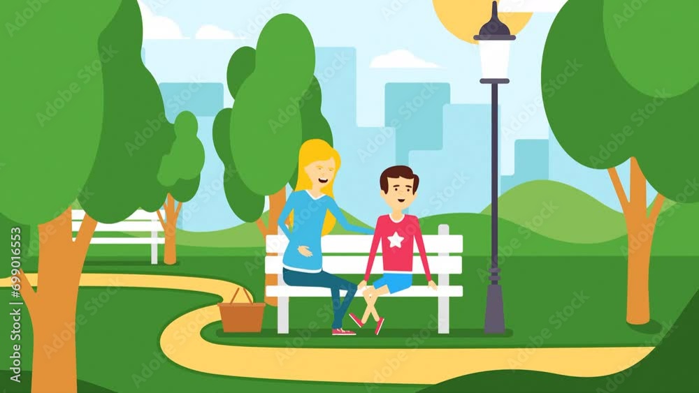 2d Animated Cartoon Mother And Son Sitting On A Park Bench Talking ...