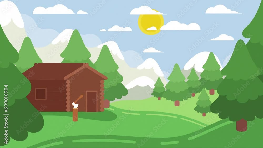 2d Animated Slow Zooming Of Static Rural Landscape With A Forest Cabin ...