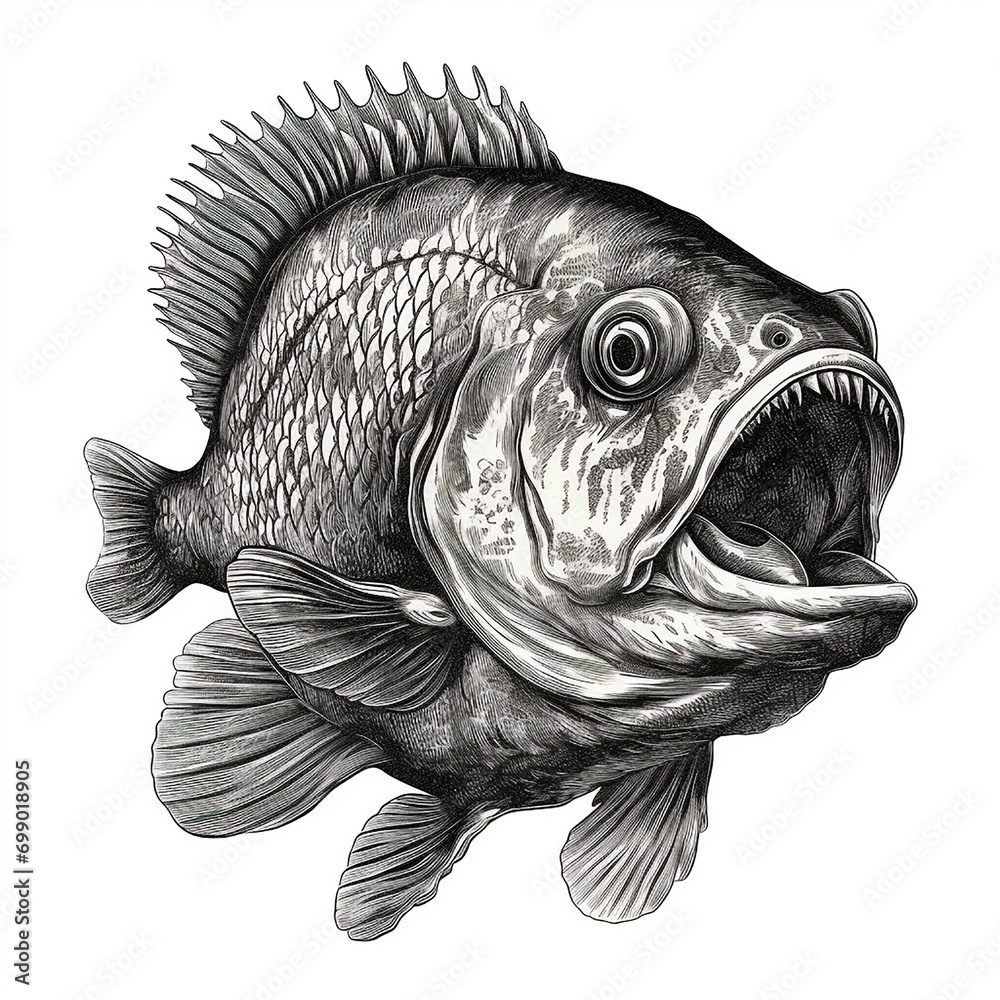 Predatory scary piranha fish, black and white drawing, engraving style ...