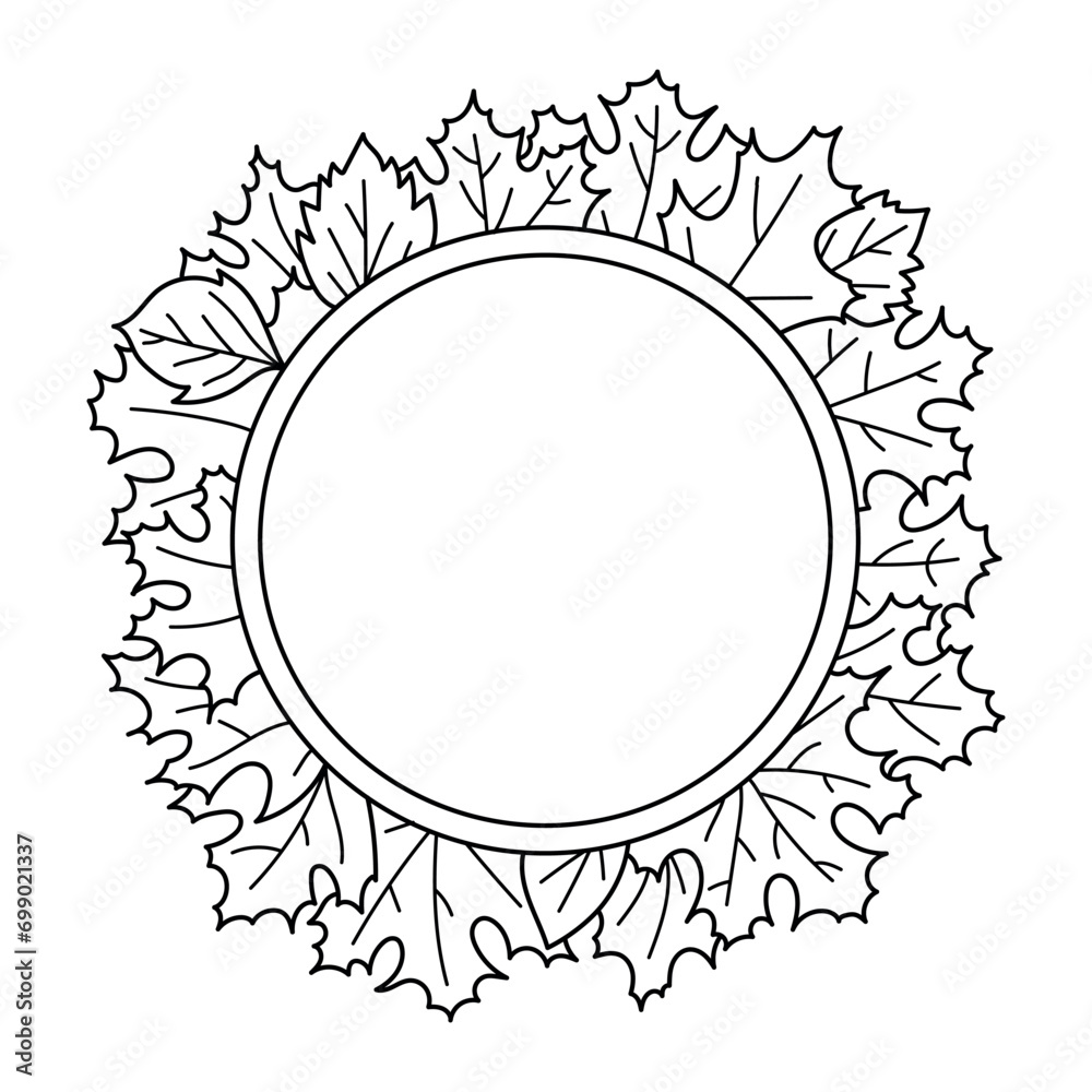 Frame of leaves, background, coloring page. Black and white vector ...