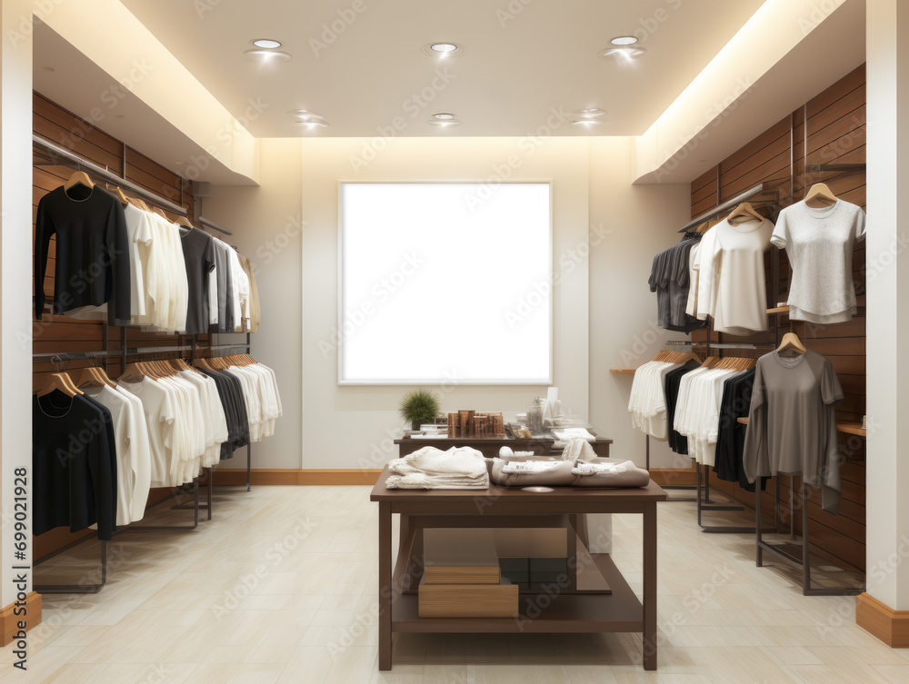 Minimalist clothing store interior with bright illumination. Fashion ...