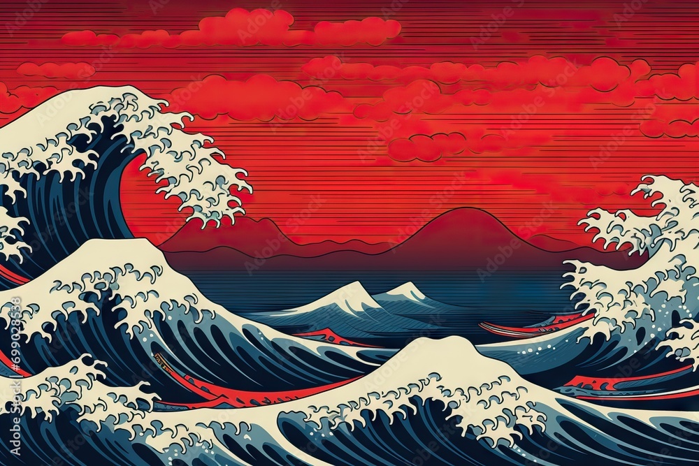 Japanese blue ocean wave and red mountains on background. Asia and ...
