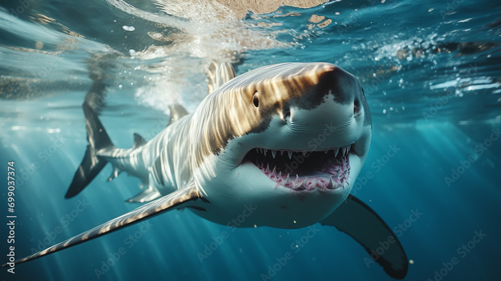 Ocean shark bottom view from below. Open toothy dangerous mouth with ...