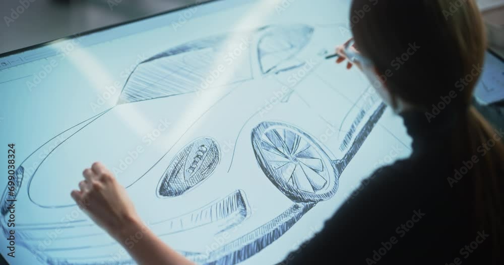 Female Car Designer Using a Digital Tablet to Draw a Prototype Car ...