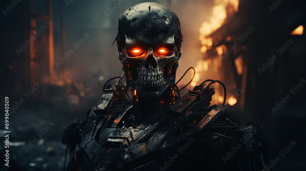 Military robot are walking on a battlefield covered with human bones ...