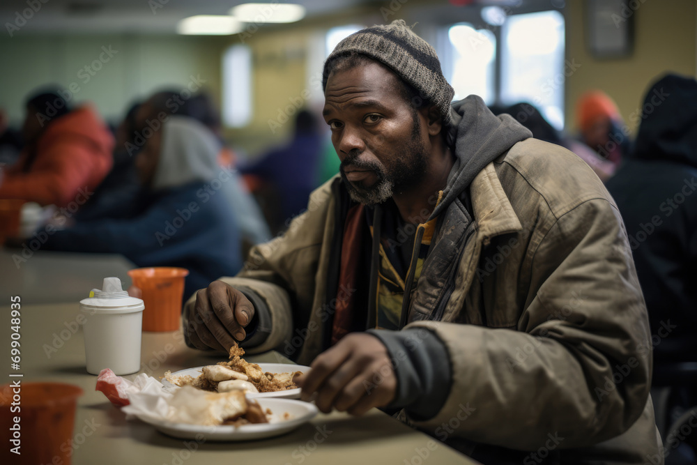 Homeless Man Eats In Shelters Canteen Stock Photo | Adobe Stock