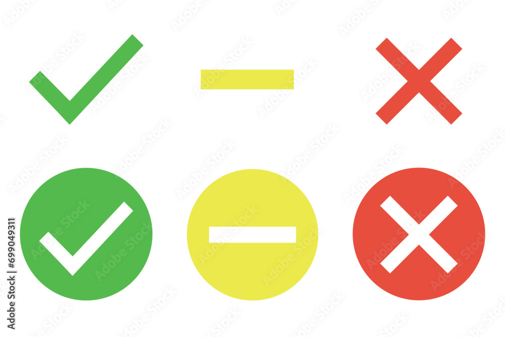 yes and no marks. a set of icon markers red, yellow, green. check mark ...