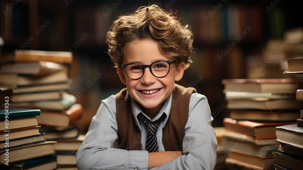 Happy smart kid sitting between two piles of books. Reading a book ...