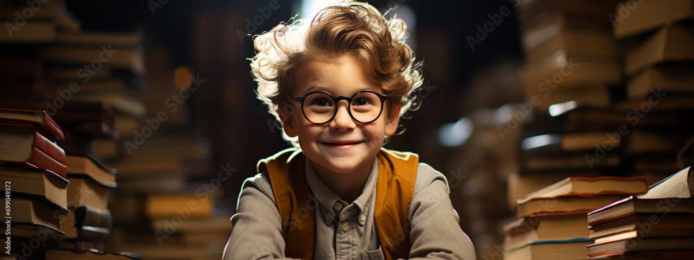 Happy smart kid sitting between two piles of books. Reading a book ...