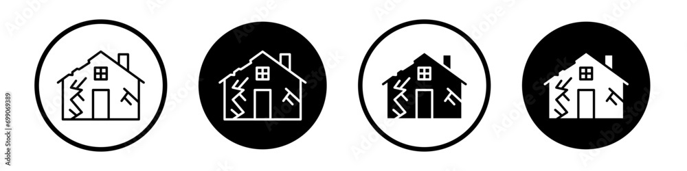 House damage icon set. earthquake broken home property vector symbol in ...
