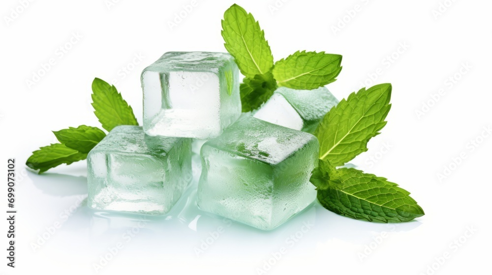 Crystal ice cubes with mint leaf isolated on white background. isolated ...