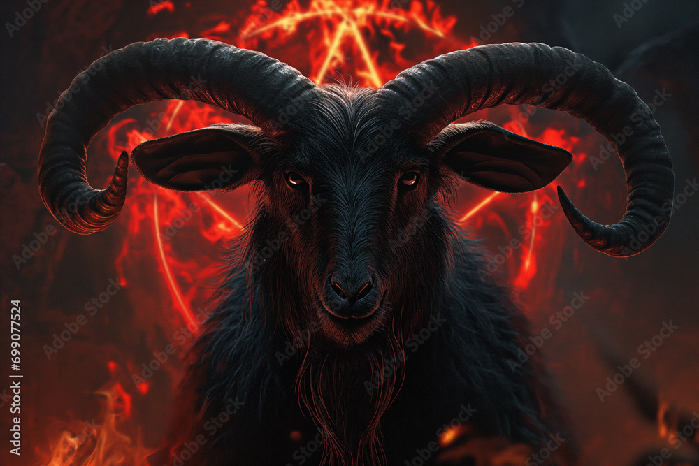 A black big horned goat back lit by a glowing fiery pentagram - black ...