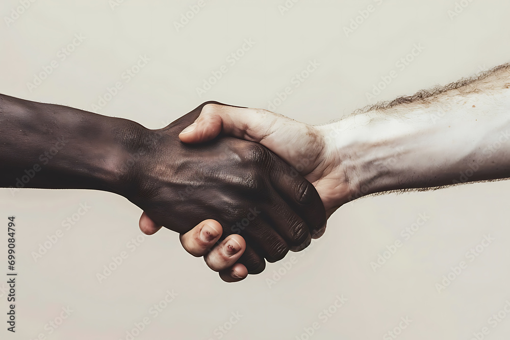 A minimalist image of a handshake between hands of different skin tones ...