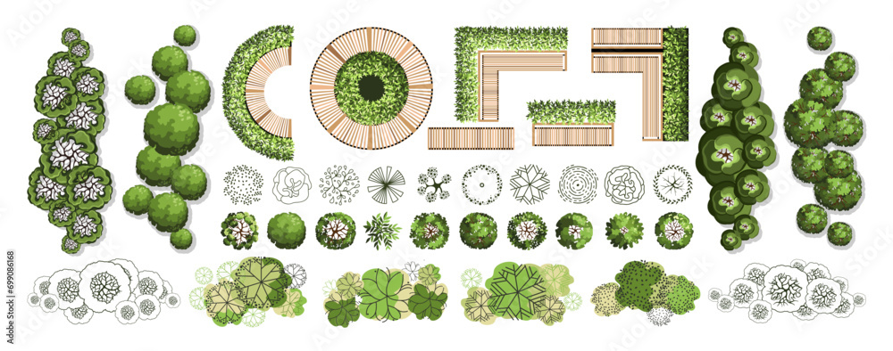Top view elements for the landscape design plan. Trees and benches for ...