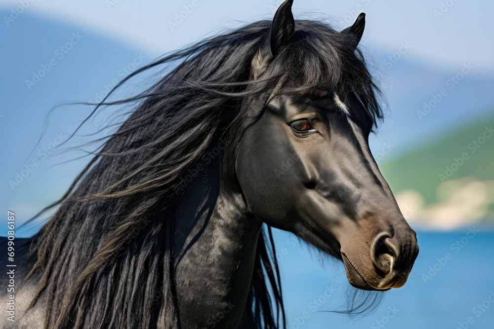 A majestic horse standing watchfully on a sand dune overlooking the ...
