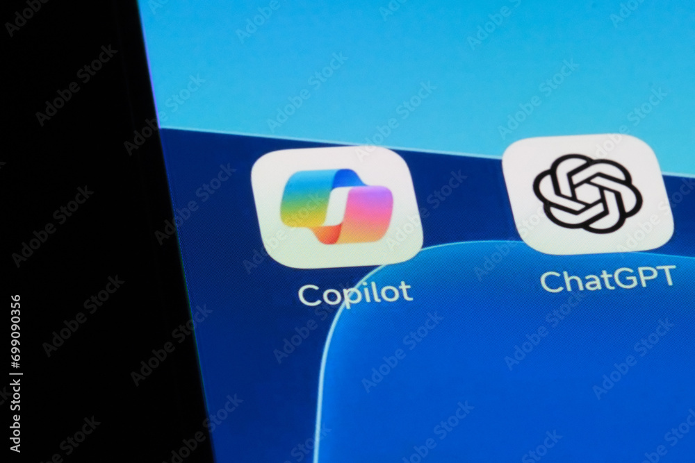 Shanghai,China-Dec.27th 2023: Microsoft Copilot and OpenAI ChatGPT app icons. Assorted AI ...