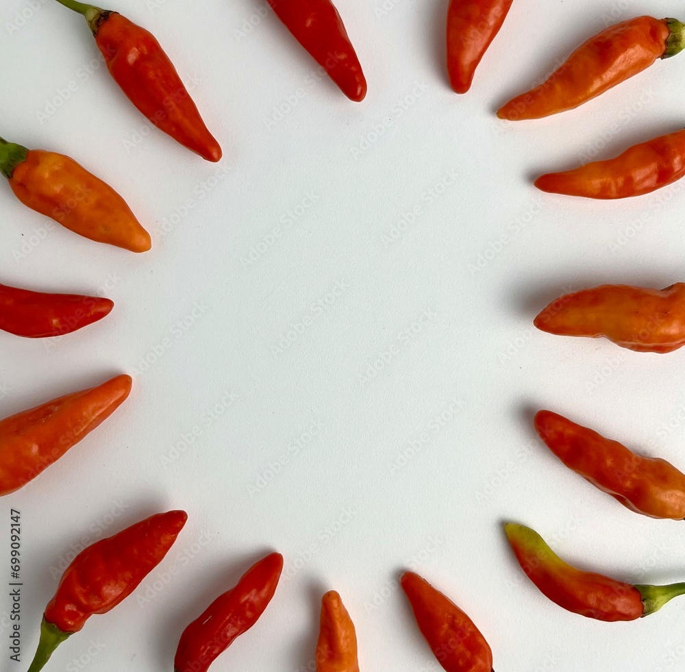 Red chili hot peppers, genus Capsicum frame border. Raw spice vegetable ...