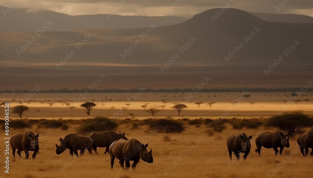 African landscape animals in the wild, sunset, wildlife reserve, herd ...