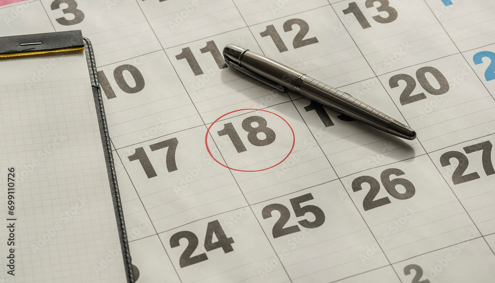 calendar marked with a circle on the 18th. day 18 . 18th of the month ...