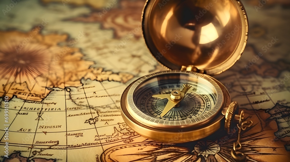 Vintage Old Compass on Antique Map, Retro Navigation and Exploration ...