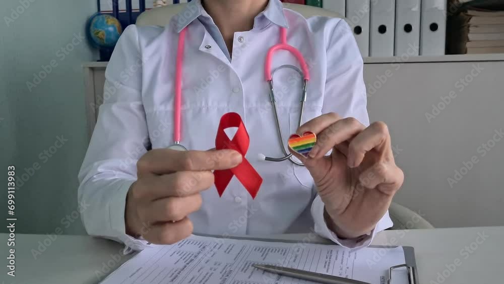 Stop AIDS and HIV and doctor concept. Red ribbon on heart with LGBT ...