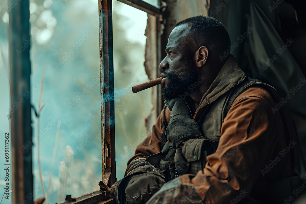 Muscular black man sitting at a window looking at viewer, smoking big ...
