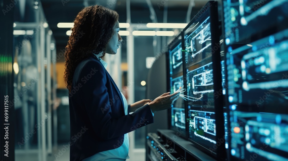 Big Data Center Female Chief Technology Officer Using Laptop Standing ...