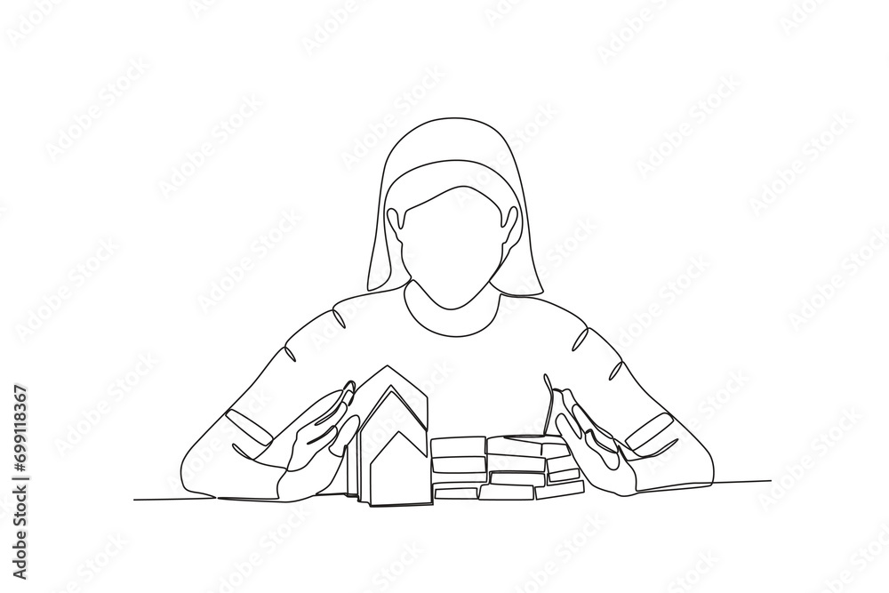 Single one line drawing of A woman who wants to invest in a house and ...
