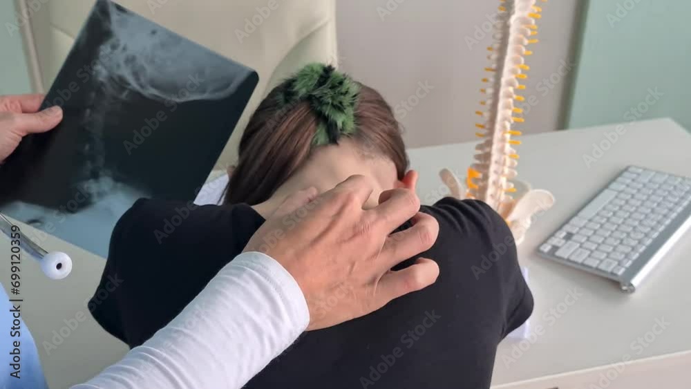 Pediatrician shows an x-ray of child spine. Little girl in doctor ...