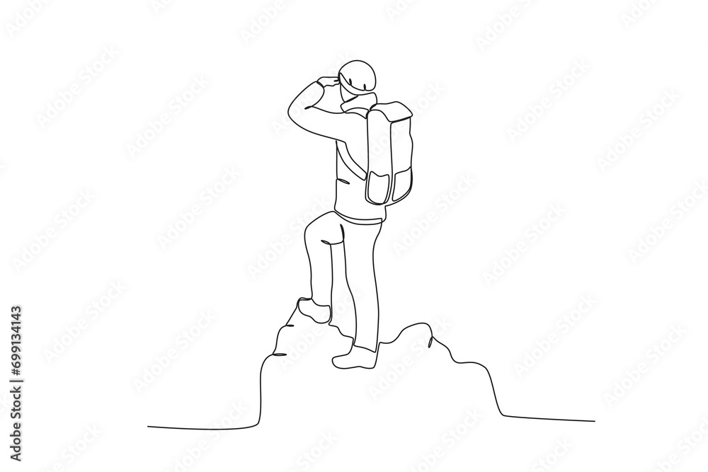 Continuous one line drawing of A man who is observing the view from the ...