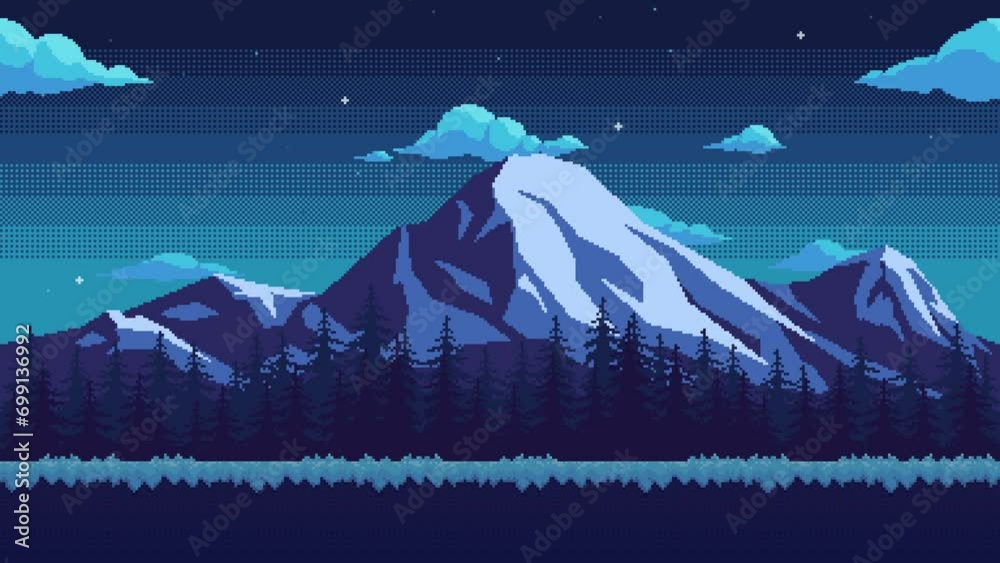 Pixel art mountain at night background animation. Grassy ground against ...