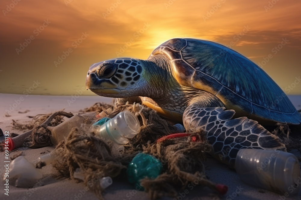sea turtle on the beach with garbage, plastic waste, Environmental ...