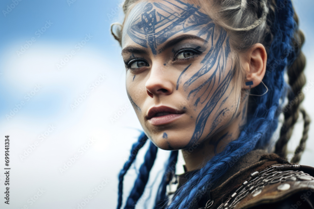 A Viking shieldmaiden, a woman in her early 30s, sporting elaborate ...